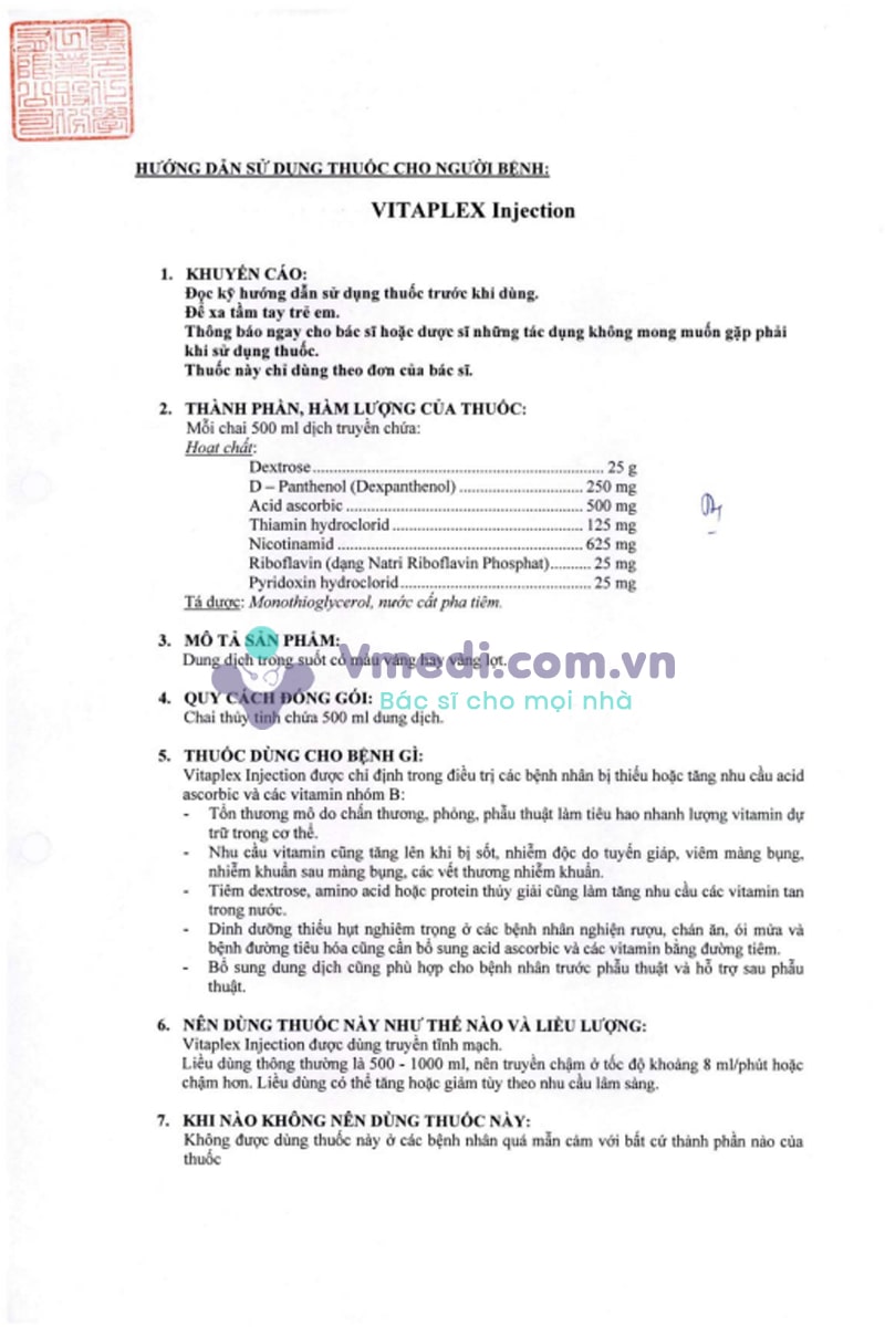 Tổng quan về dịch truyền Vitaplex Injection 500ml - Vmedi